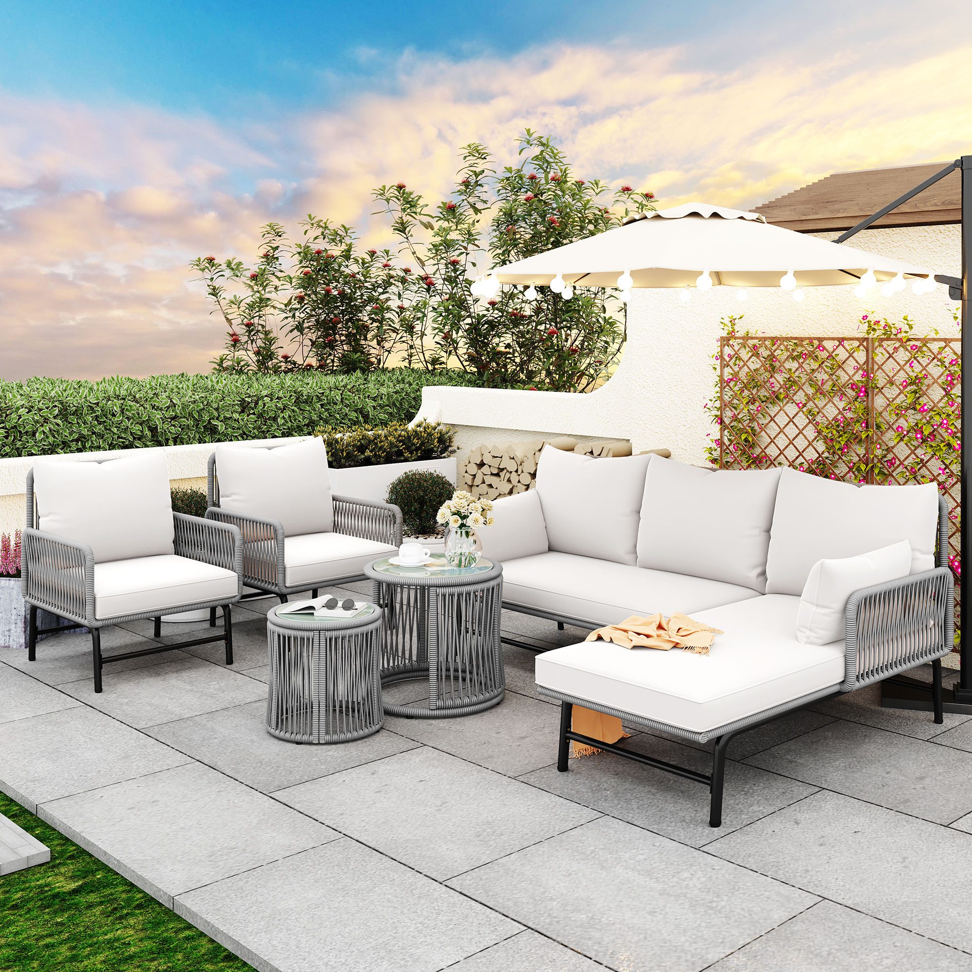 Merax Gartenlounge Set fur 6 Personen mit Eisenrahmen 6 tlg. 2 Eckbanke 2 Sessel 1 Couchtisch 1 Beistelltisch Gartenmobel Set Rope Lounge